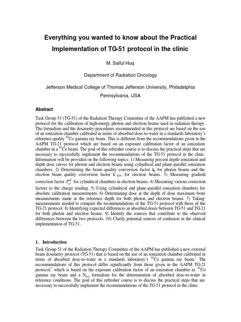 A Comprehensive Guide to Implementing the TG-51 Protocol for External ...