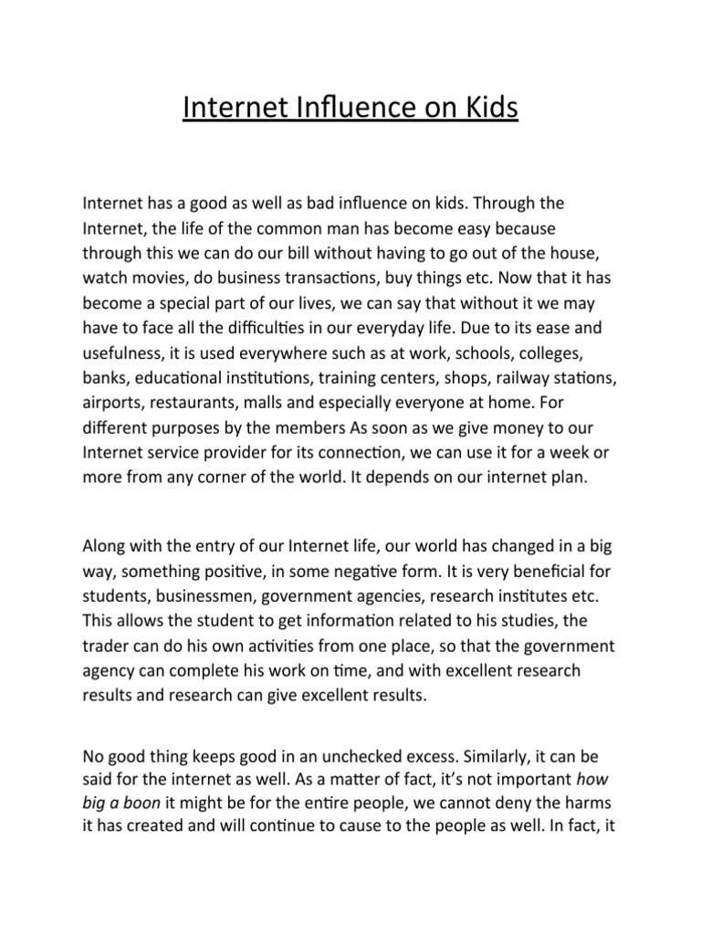 Internet Influence On Kids Essay 2 | PDF