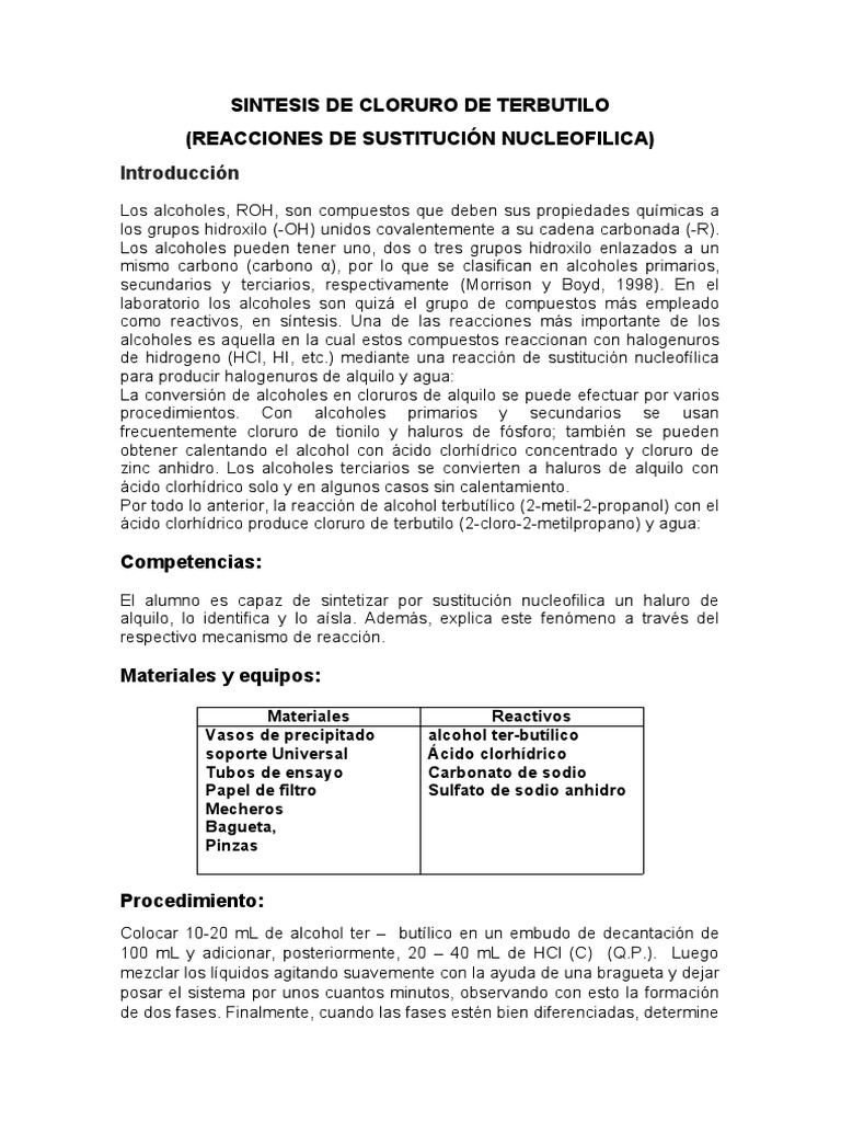 Sintesis de Cloruro de Terbutilo. #9 | PDF | Alcohol | Cloruro
