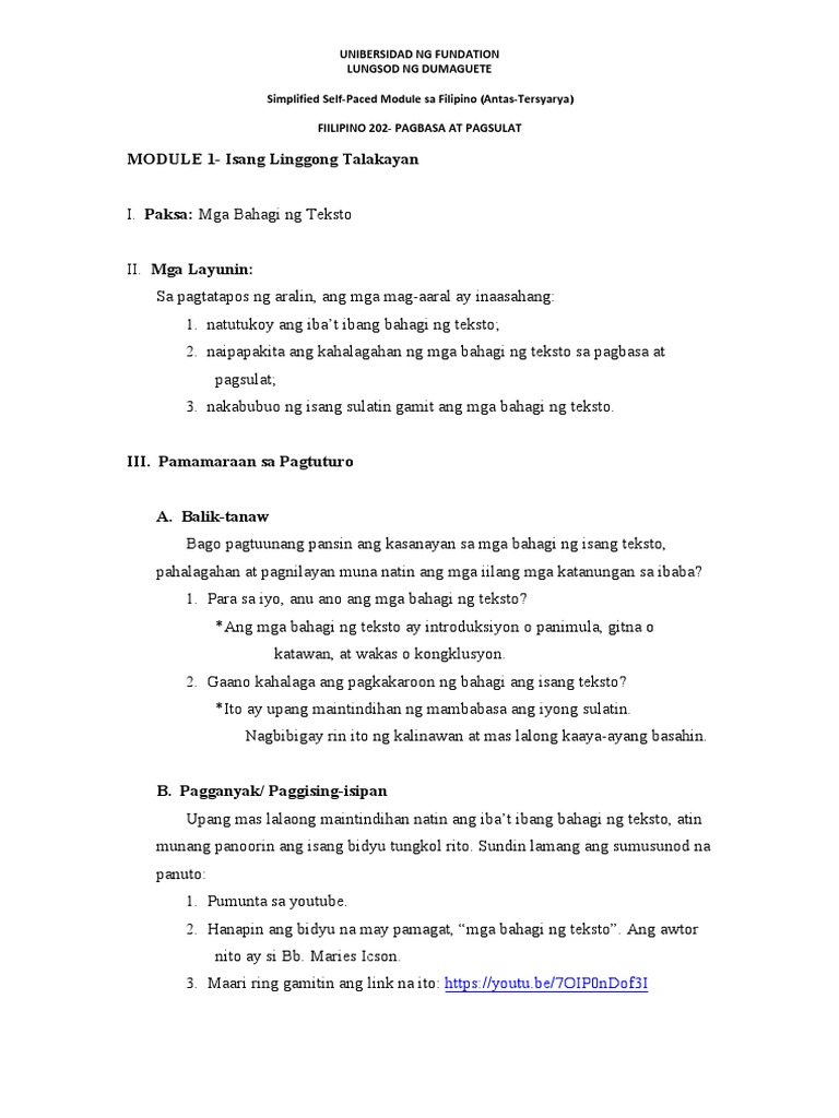 Bahagi NG Teksto Module | PDF