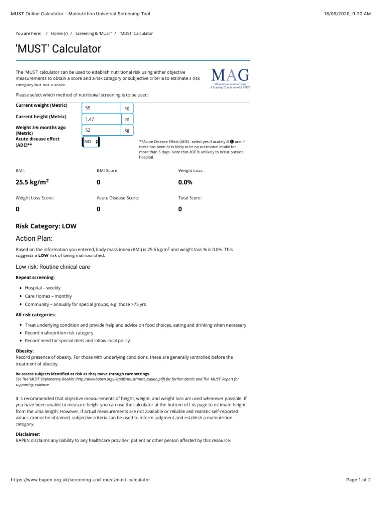 'MUST' Calculator: Action Plan | PDF | Body Mass Index | Weight Loss