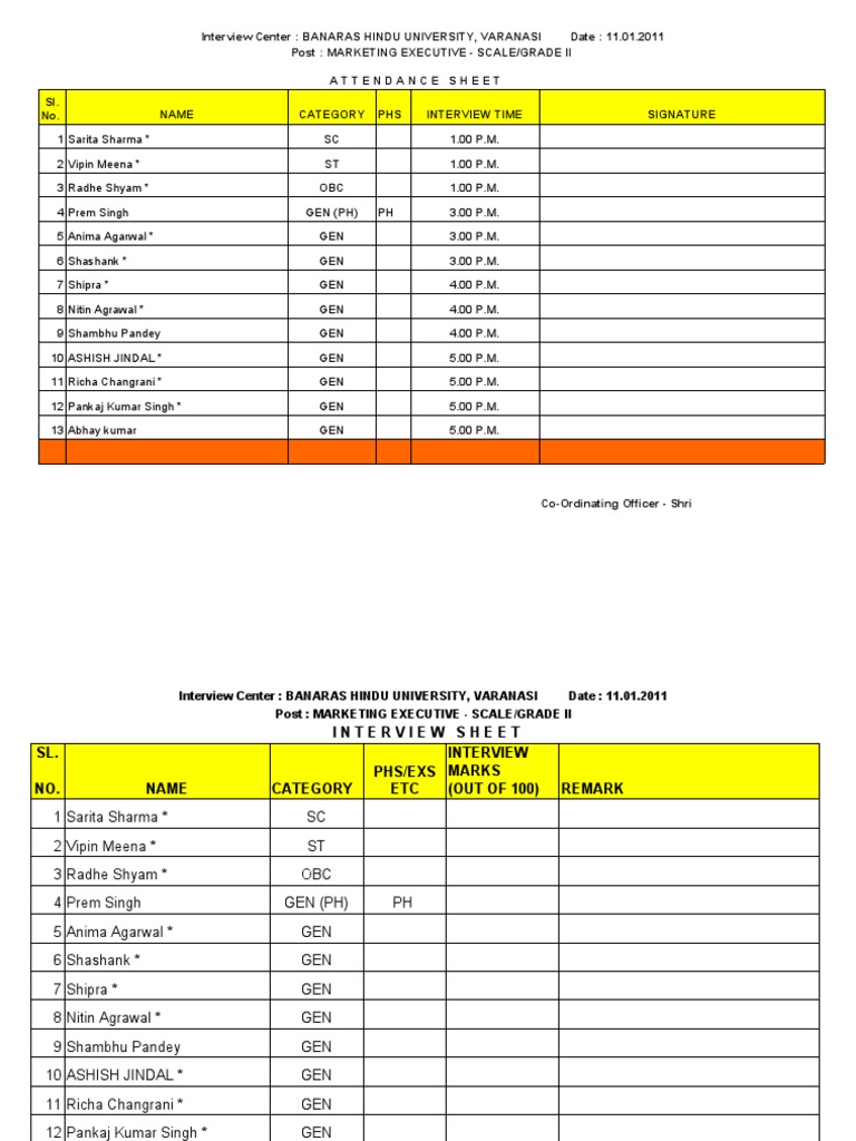 Interview & Attendance Sheet (Marketing) | PDF | Government Of India | Politics Of India