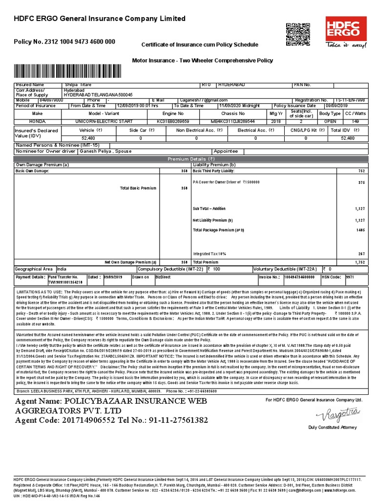 HDFC ERGO General Insurance Company Limited: Policy No. 2312 1004 9473 ...