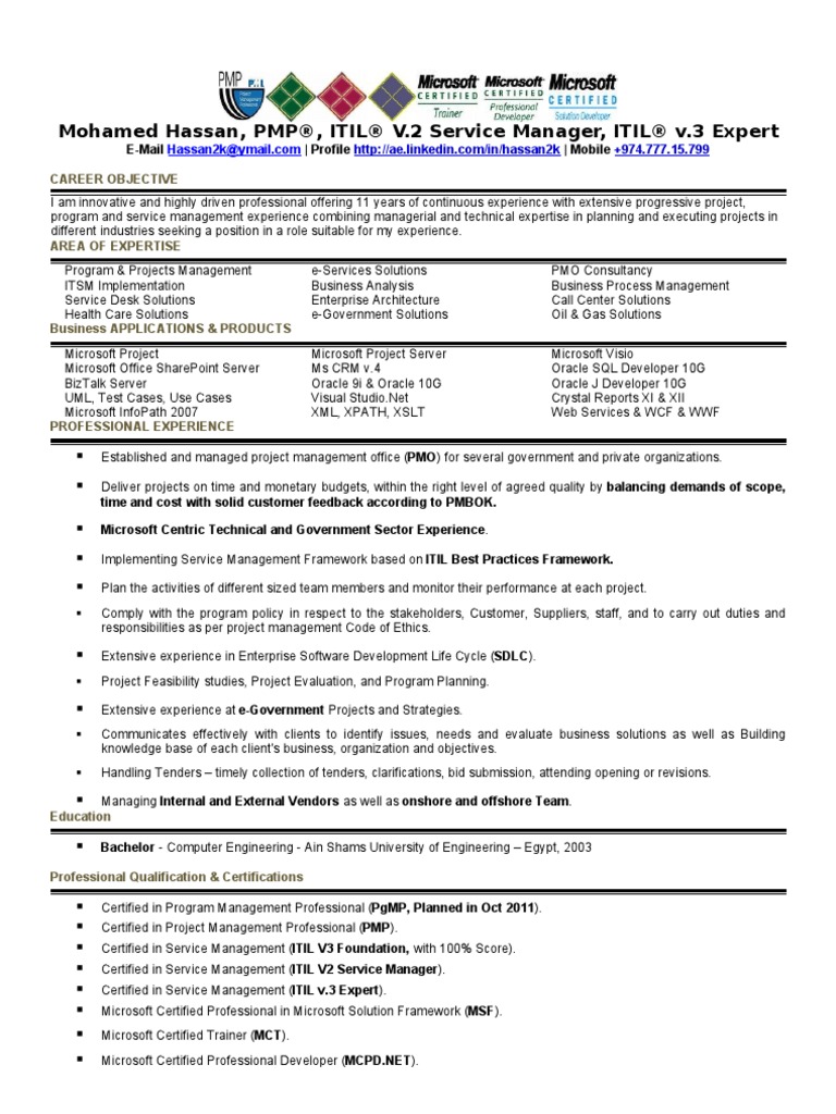 Projects Manager Resume, PMP, ITIL v.2 Service Manager, ITIL v.3 Expert ...