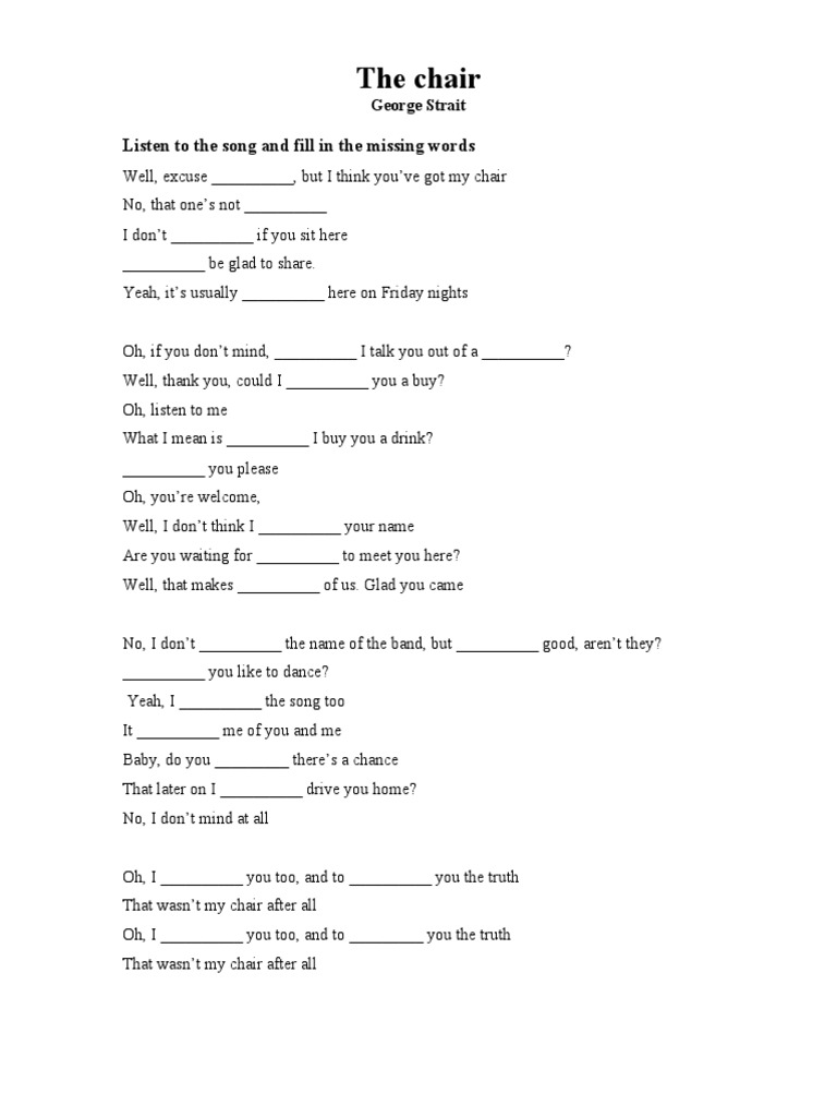 George Strait's "The Chair" Lyrics Activity | PDF