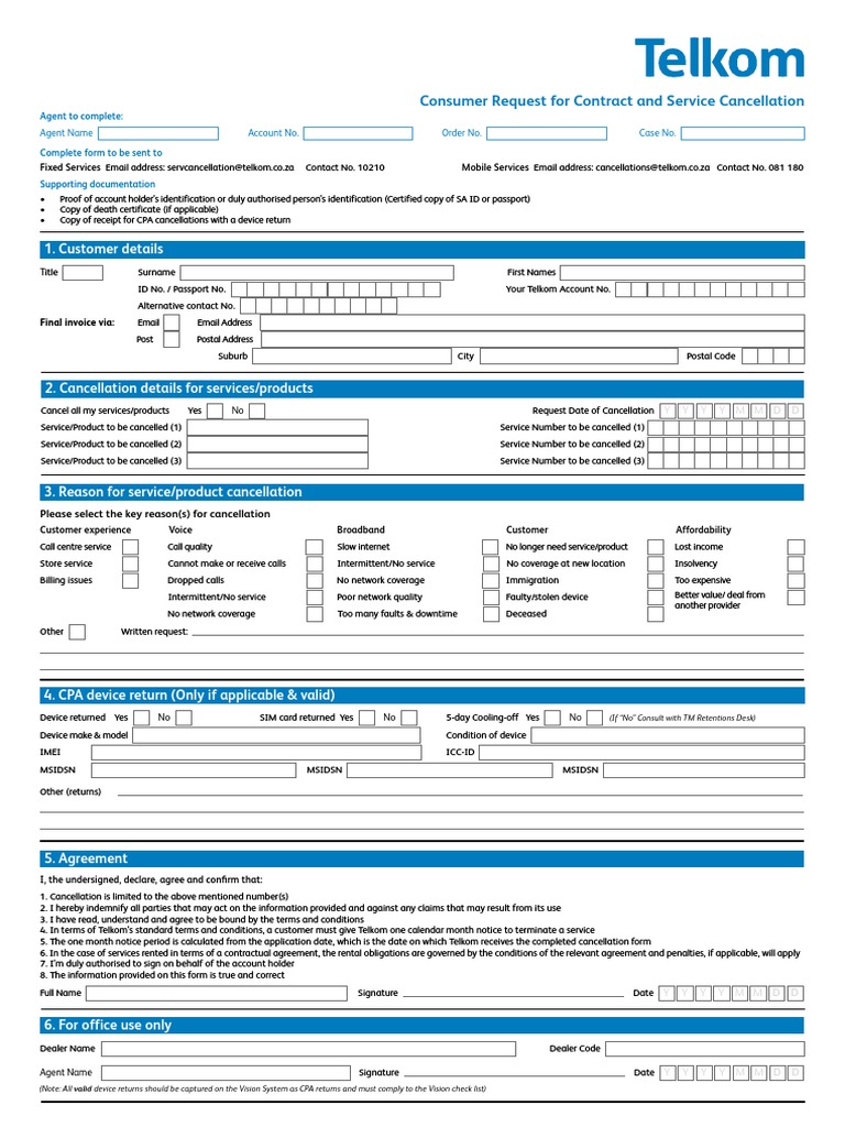 Telkom Contract and Service Cancellation Form PDF | PDF | Identity ...