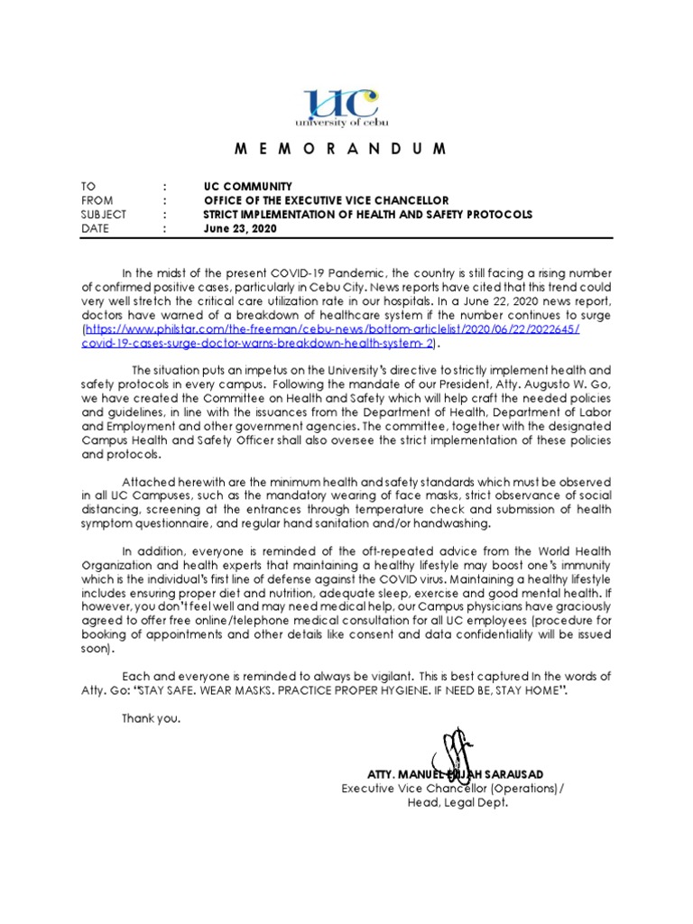 Memo On Safety & Health Protocols PDF | PDF | Hand Washing | Hygiene