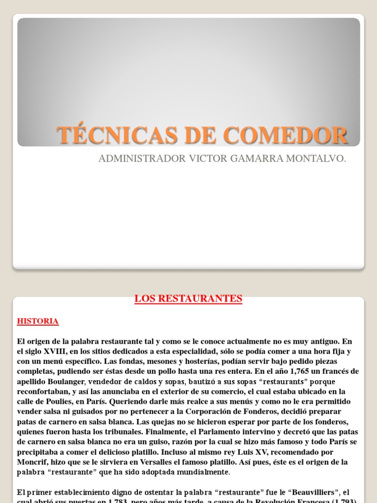Diapositivas 1 Técnicas de Comedor | PDF | Turismo | Restaurante y Catering