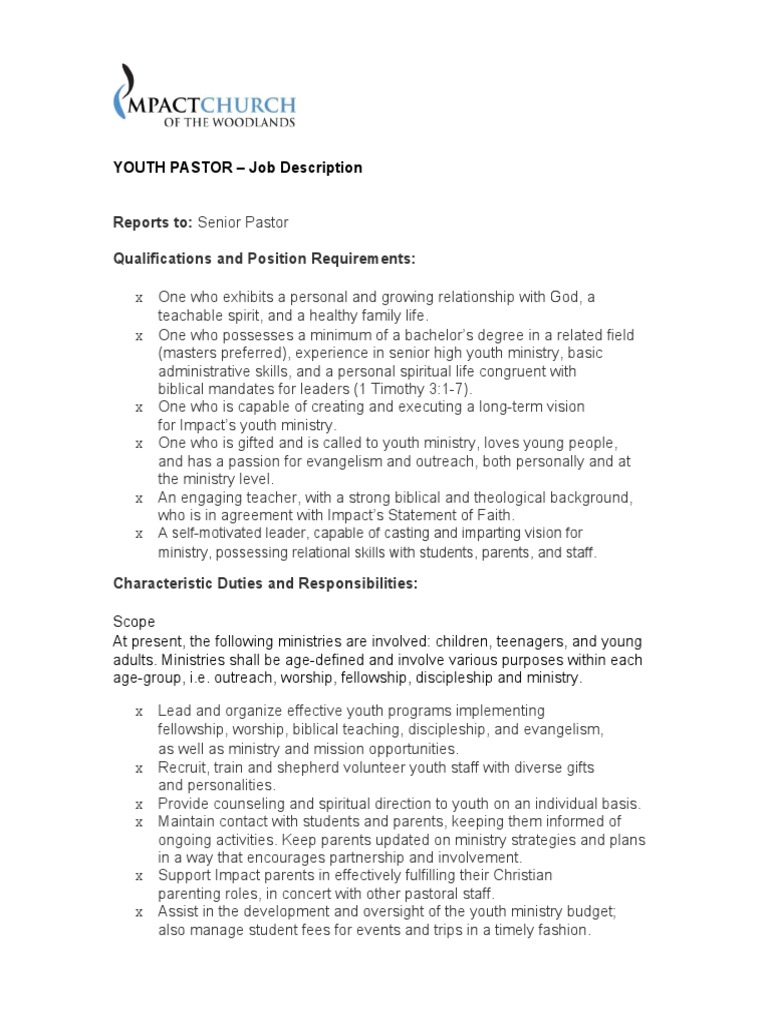 Youth Pastor Role at Impact Church | PDF | Pastor | Youth Ministry