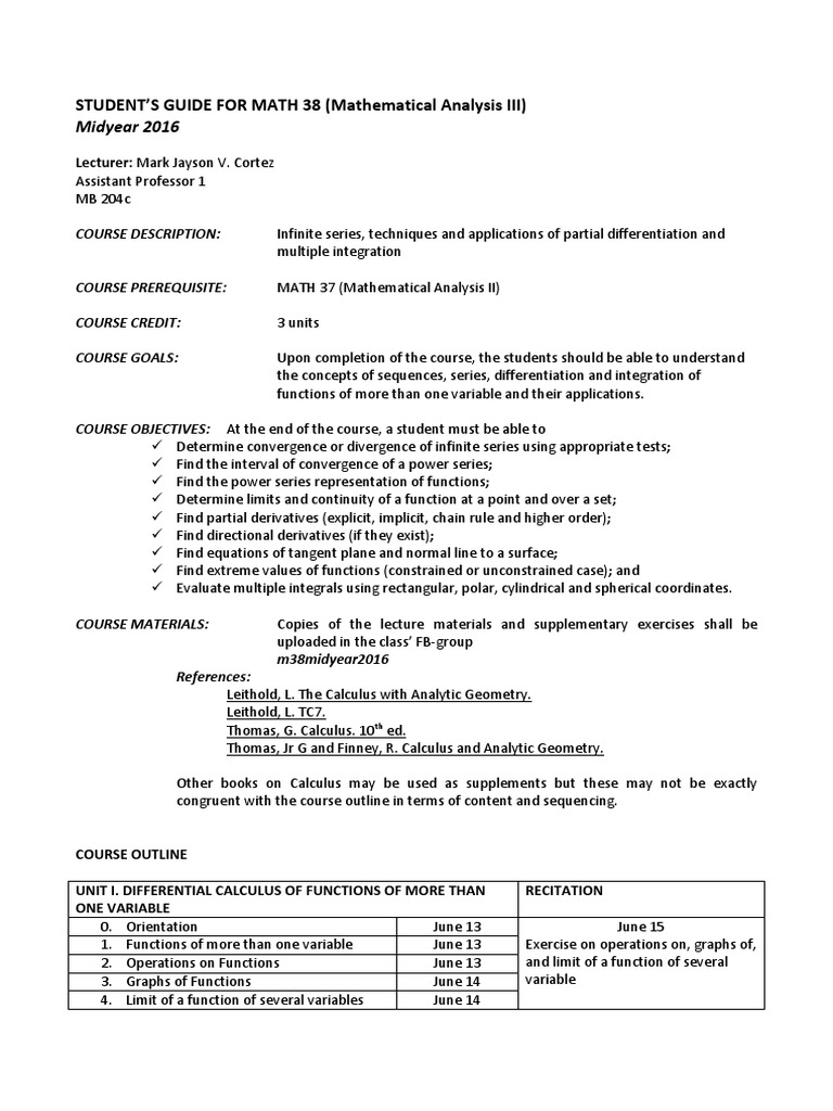 Midyear 2016: STUDENT'S GUIDE FOR MATH 38 (Mathematical Analysis III) | PDF | Derivative | Gradient