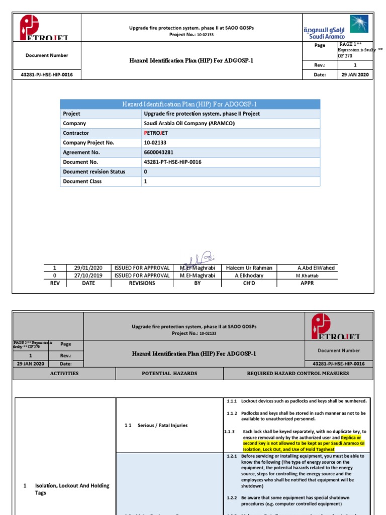 Hazard Identification Plan (Hip) For Adgosp-1: Upgrade Fire Protection ...