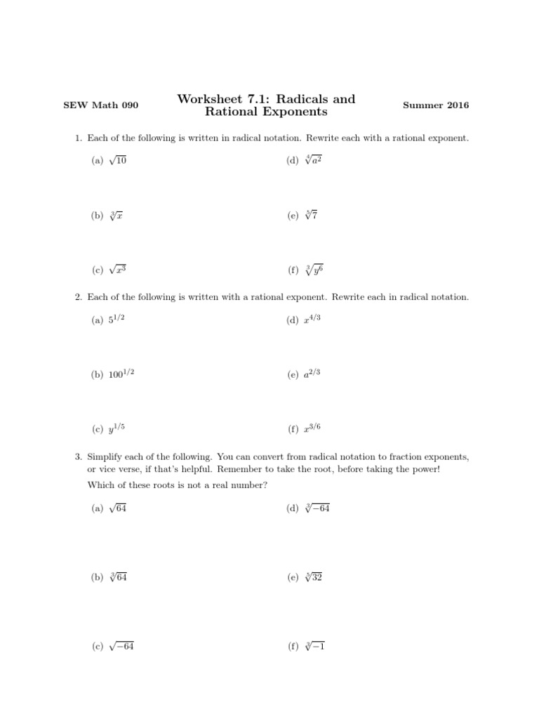 Worksheet 7.1: Radicals and Rational Exponents | PDF | Square Root ...