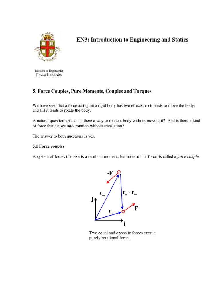 EN3: Introduction To Engineering and Statics: 5. Force Couples, Pure Moments, Couples and ...