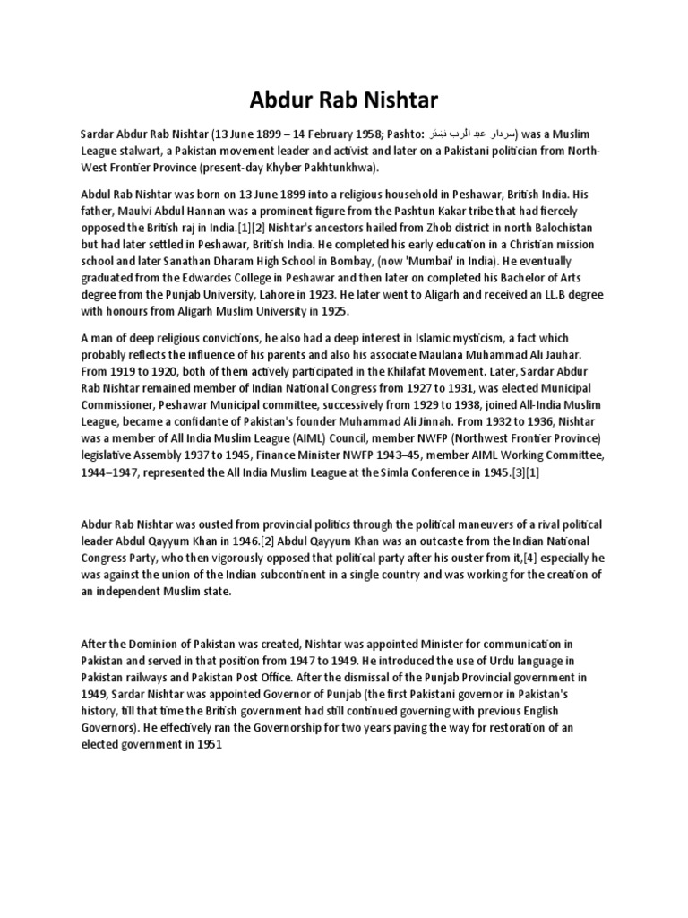 Abdur Rab Nishtar | PDF | Pakistan | South Asia