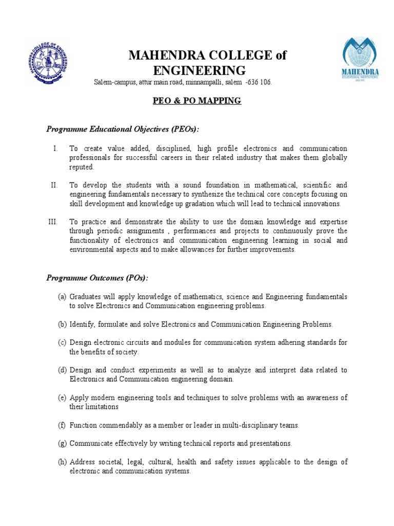Mahendra College of Engineering: Peo & Po Mapping | Download Free PDF ...