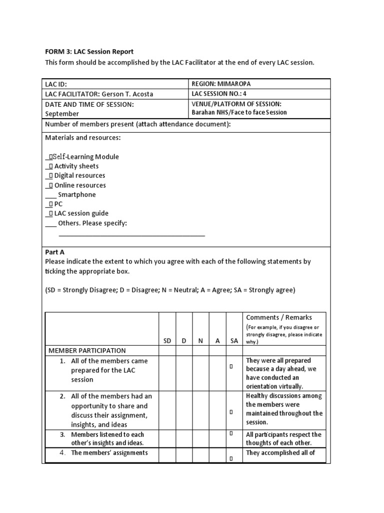 FORM 3: LAC Session Report: For Example, If You Disagree or Strongly ...