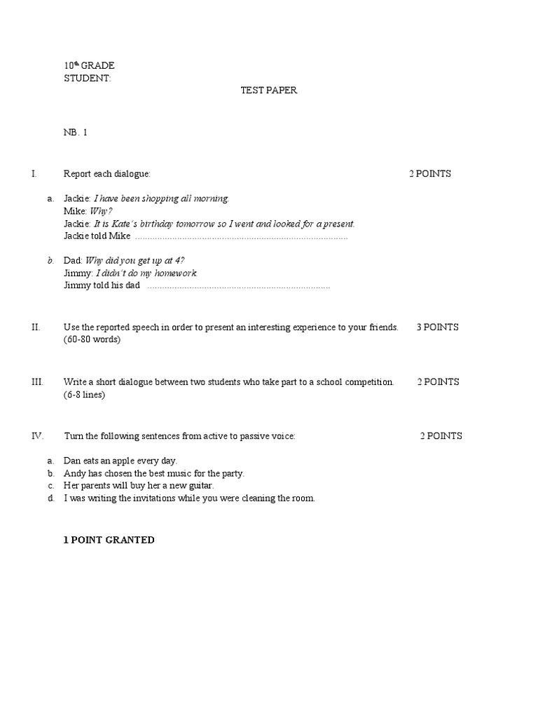 Test Paper 10 A 2020 Reported Speech - Passive Voice | PDF | Learning