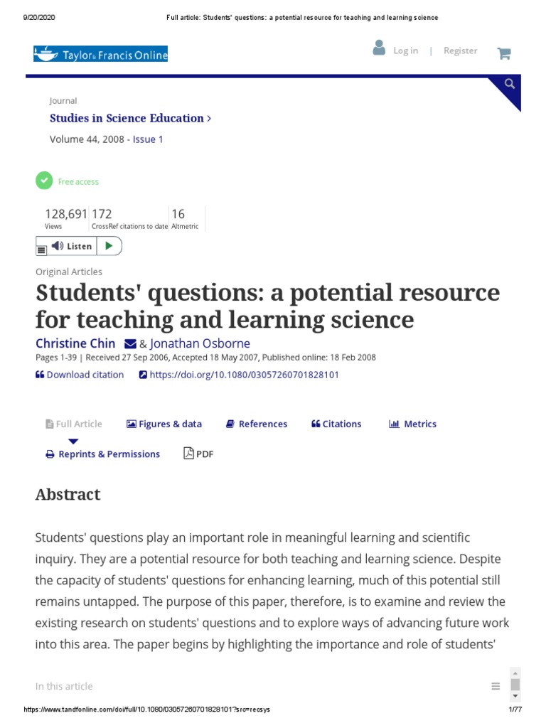 Full Article - Students' Questions - A Potential Resource For Teaching ...