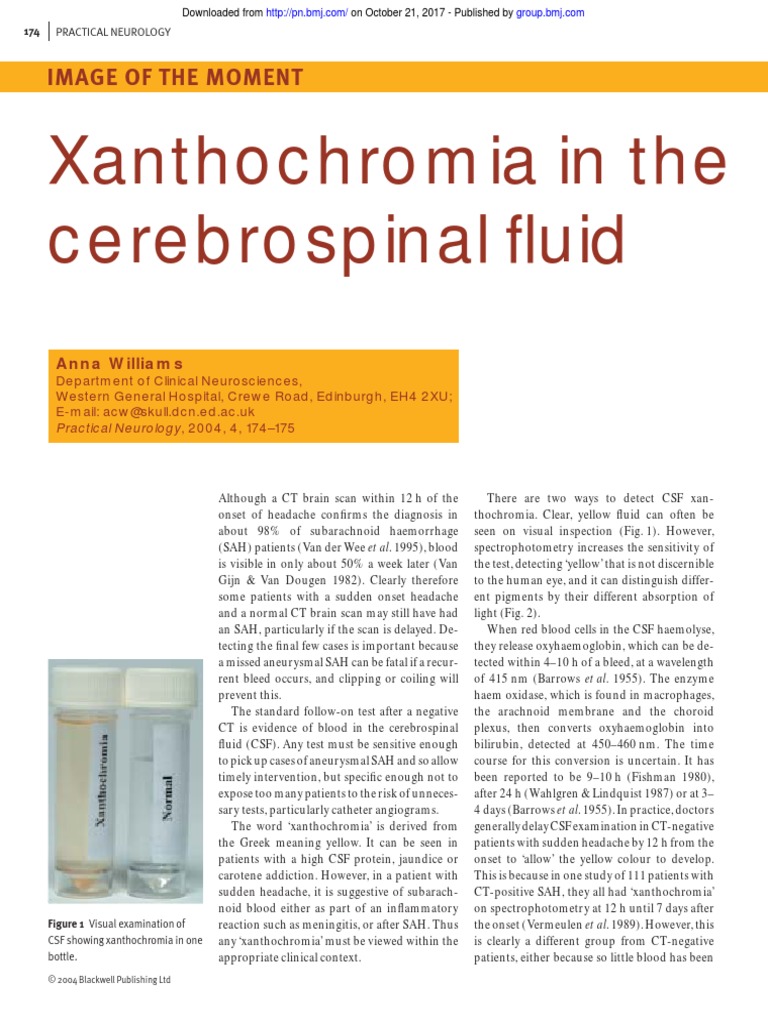 Xanthochromia in The Cerebrospinal FL Uid: Image of The Moment | PDF ...