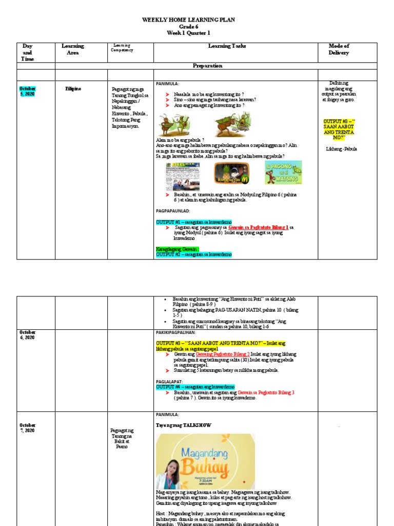 Filipino Weekly Home Learning Plan Q1W1 | PDF