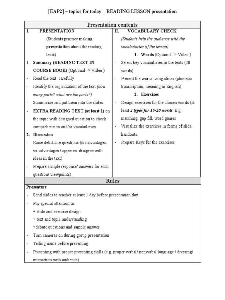EAP2 Reading Lesson Presentation Guide | PDF