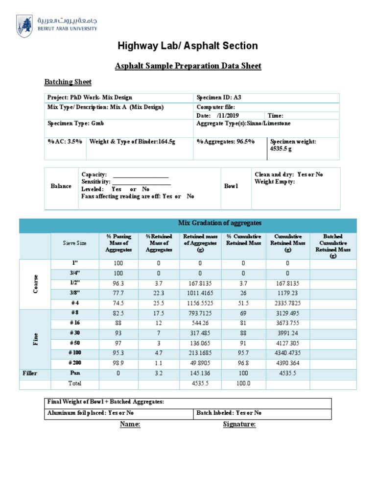 Highway Lab/ Asphalt Section: Asphalt Sample Preparation Data Sheet ...