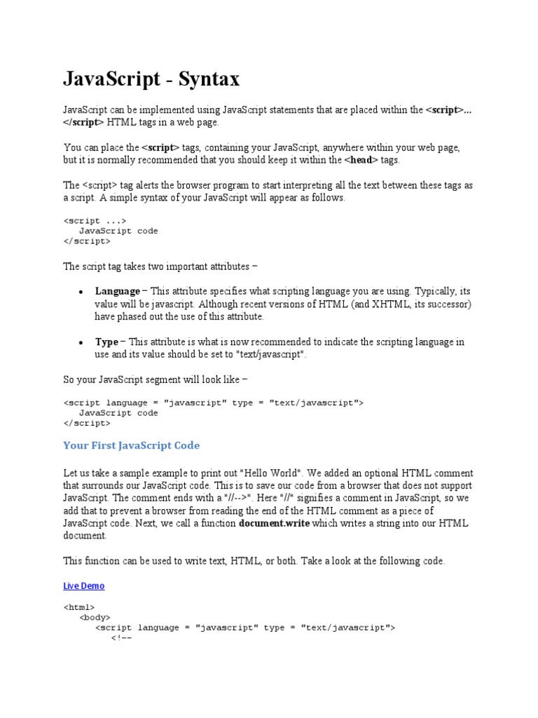 Javascript Syntax Html Tags In A Web Page Pdf Html Java Script 9197