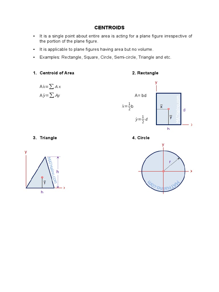 Centroids: 1. Centroid of Area 2. Rectangle | PDF | Area | Triangle