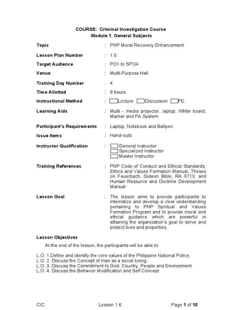 PNP Moral Recovery and Core Values Training | PDF | Mentorship | Justice