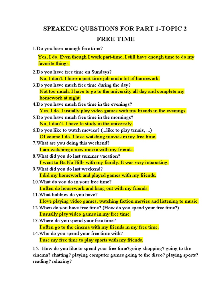 Speaking Questions For Part 1-Topic 2 Free Time | PDF