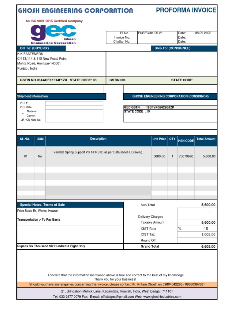 Ghosh Engineering Corporation: Proforma Invoice | PDF | Taxation | Economies