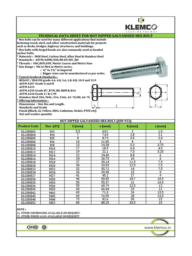 HDG Hex Bolt (Din 933) PDF | PDF | Screw | Industrial Processes