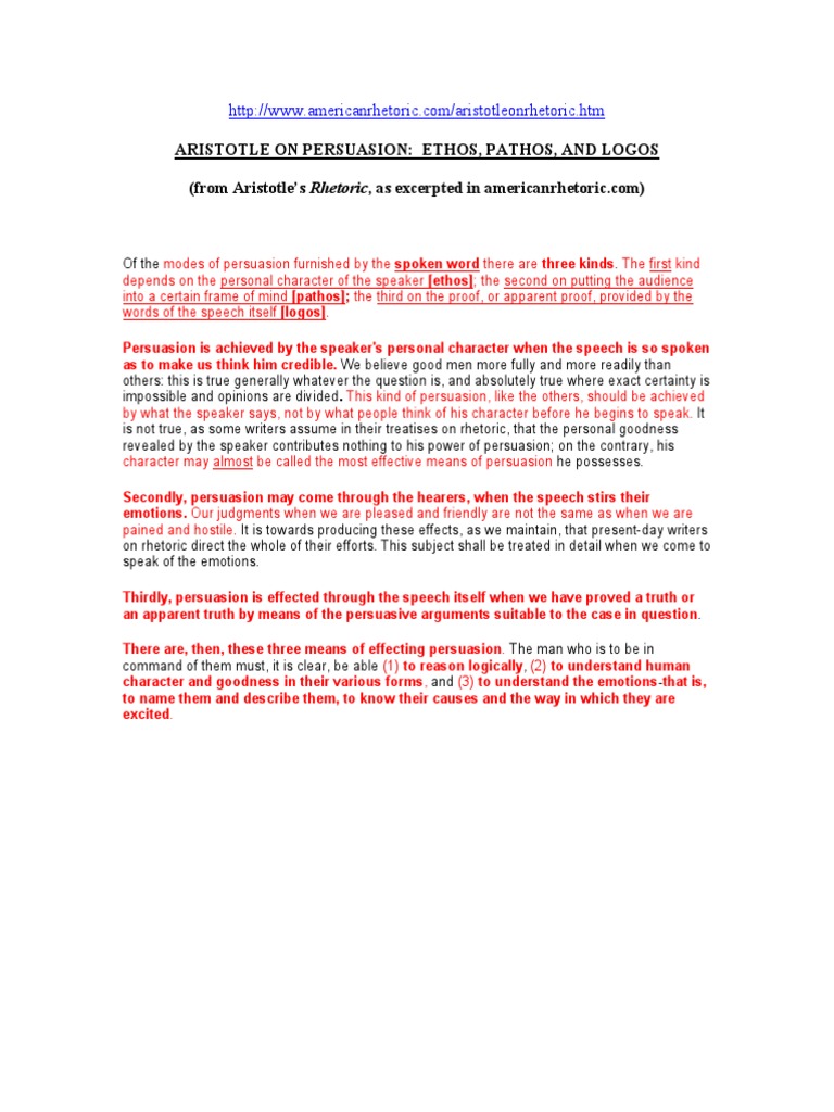 1a. Aristotle On Persuasion - Ethos, Pathos and Logos (Excerpt) | PDF