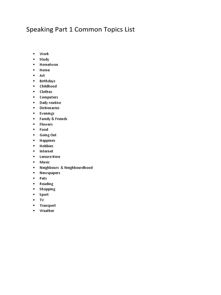 Common Speaking Part 1 Topics List | PDF