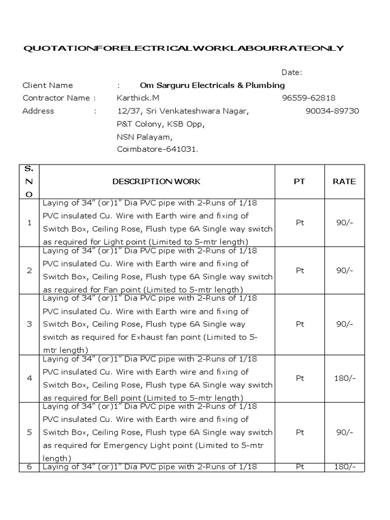 PDF Quotation For Electrical Work Labour Rate Only | PDF | Switch | Electrical Wiring