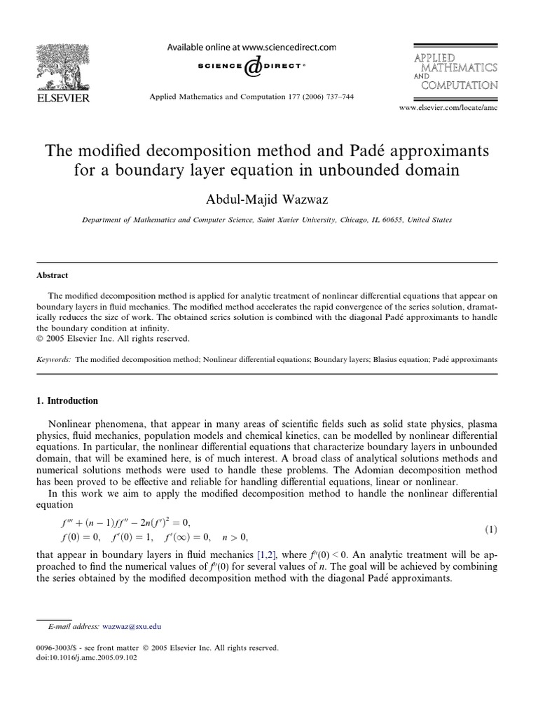 Wazwaz2006 The Modified Decomposition Method and Pade Approximants For A Boundary Layer Equation ...