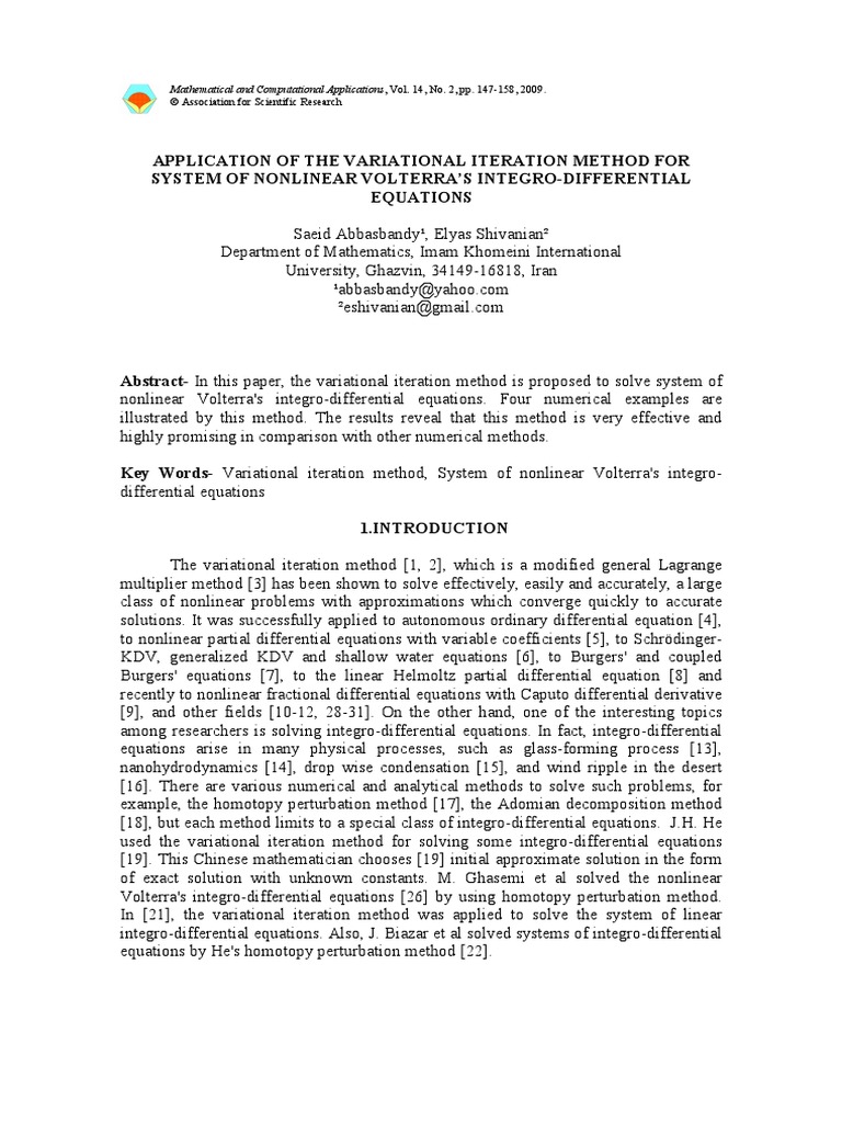 Mca 14 00147 Application Of The Variational Iteration Method For System Of Nonlinear Volterra S