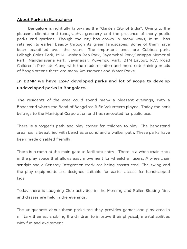 M.N. Krishna Rao Park, Jayamahal Park, Nandanavana Park, Jayanagar ...