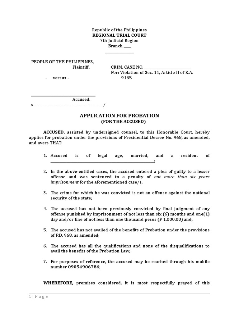 Application For Probation - SAMPLE | PDF | Probation | Crime & Violence