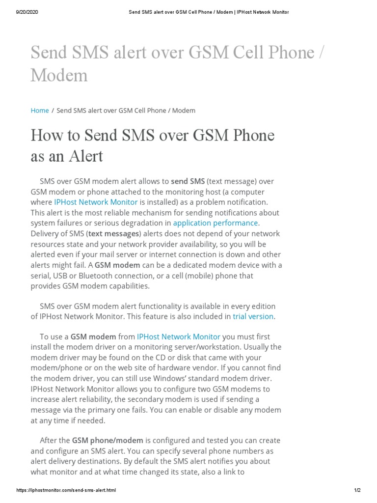 Send SMS Alert Over GSM Cell Phone - Modem - IPHost Network Monitor ...