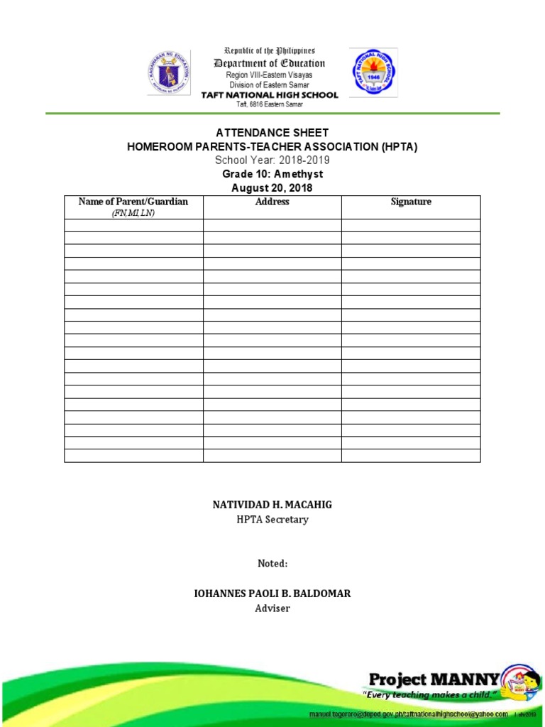 Attendance Sheet Homeroom Parents-Teacher Association (Hpta) Grade 10 ...