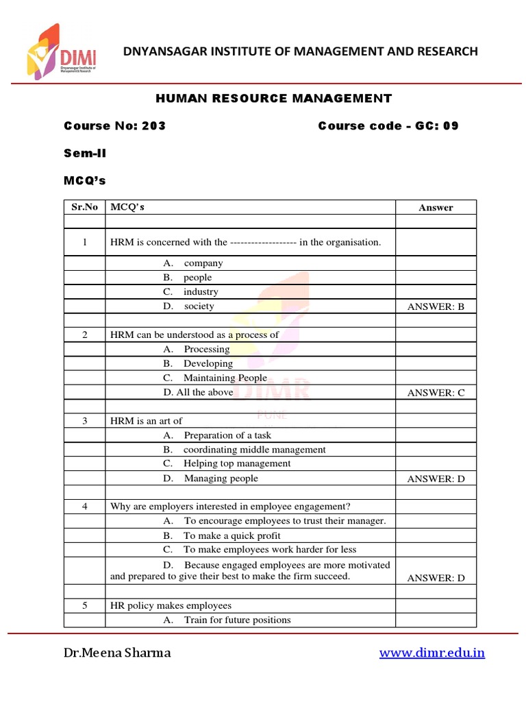 203 HRM MCQ | Download Free PDF | Human Resource Management | Human Resources