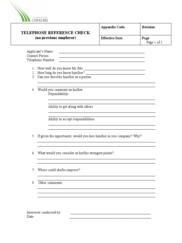 Telephone Reference Check (Without Work Experience) | PDF