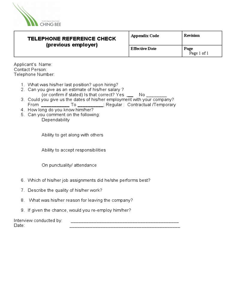 Telephone Reference Check (With Previous Employer) | PDF