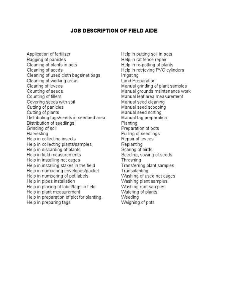 Field Aide Job Responsibilities Overview | PDF