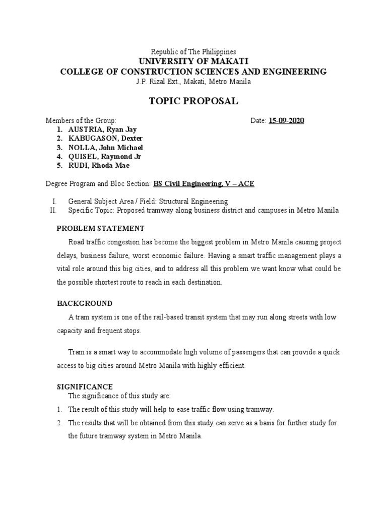 Topic Proposal: University of Makati College of Construction Sciences ...
