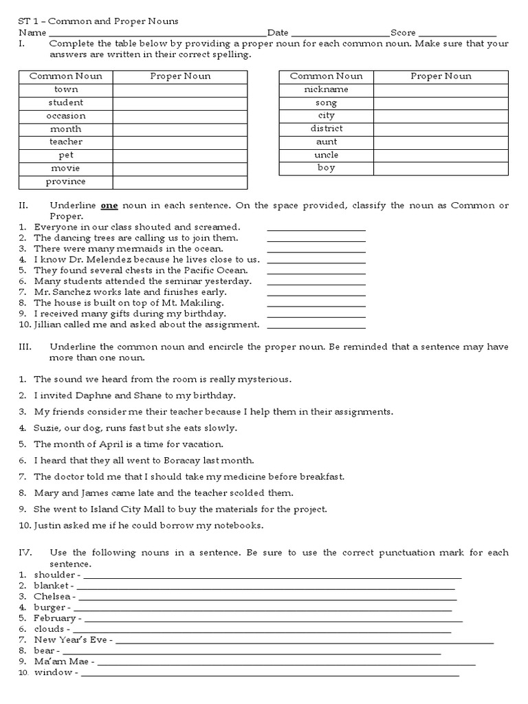 Common And Proper Nouns Worksheets High School