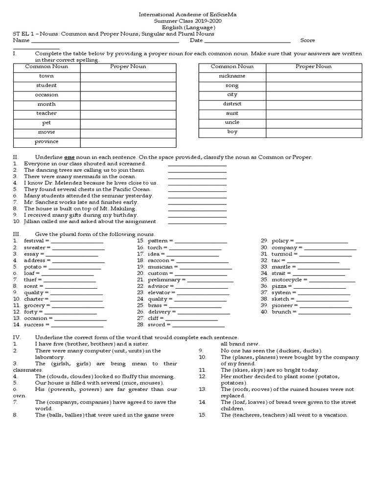 ST 1 Nouns Common and Proper Singular and Plural | PDF | Noun | Plural