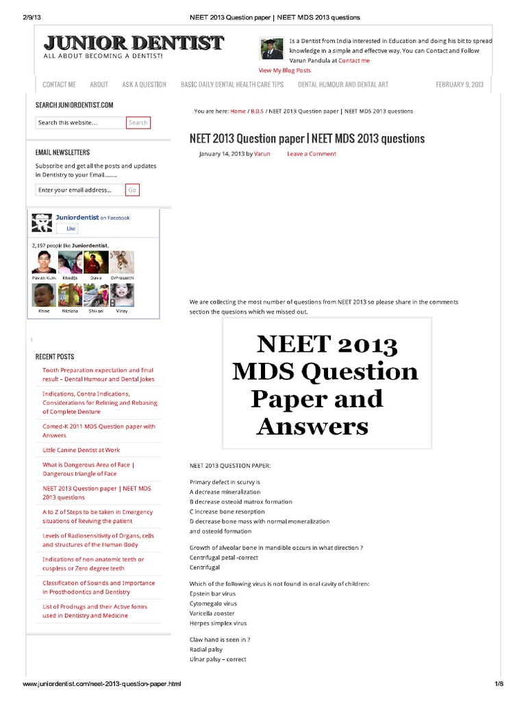 NEET 2013 Question Paper - NEET MDS 2013 Questions | PDF