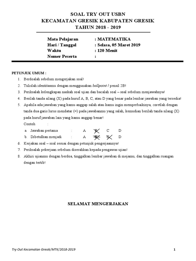 Soal Try Out Usbn MTK Gresik | PDF